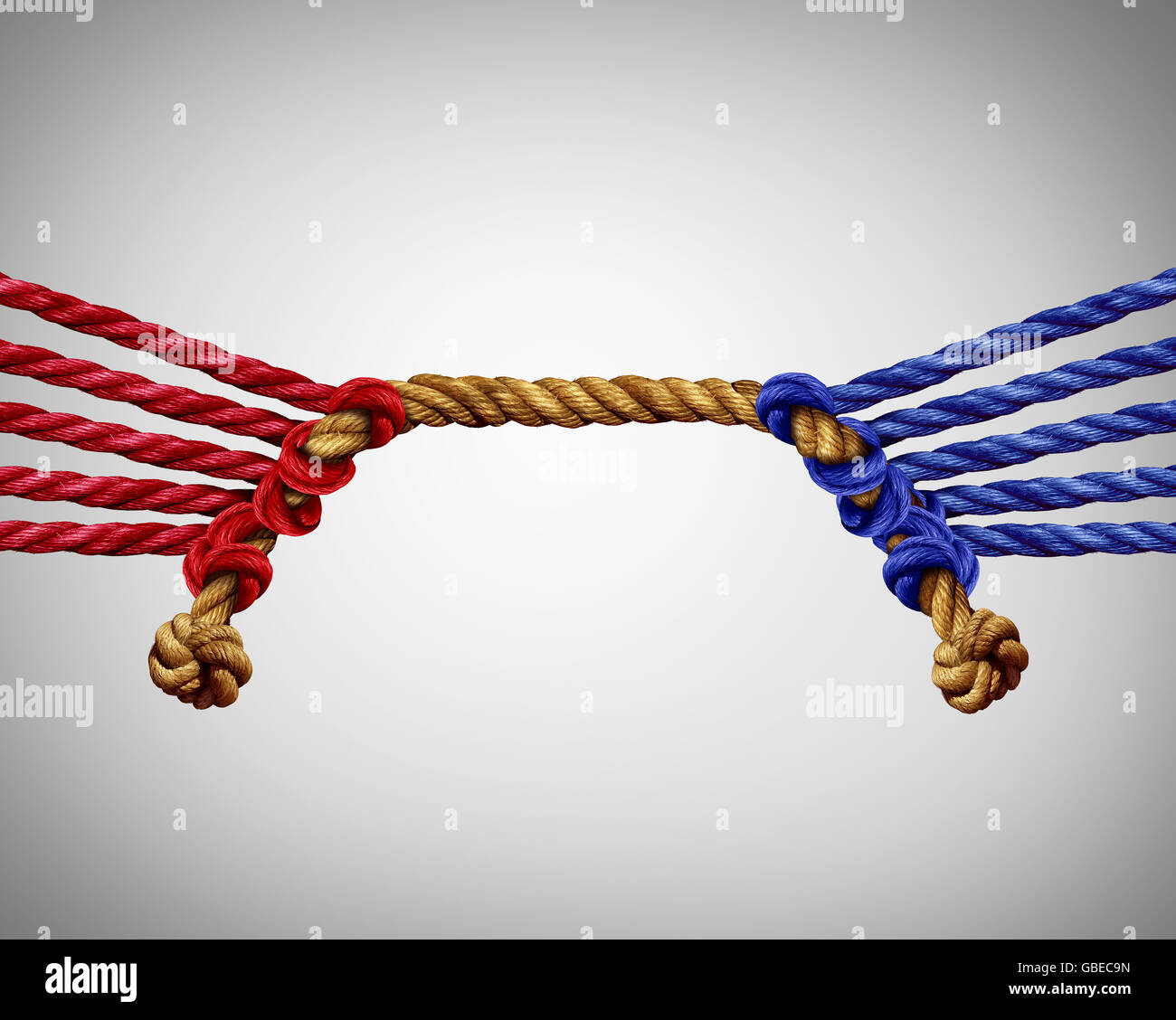 Tug of war business competition as a group of red versus blue ropes ...