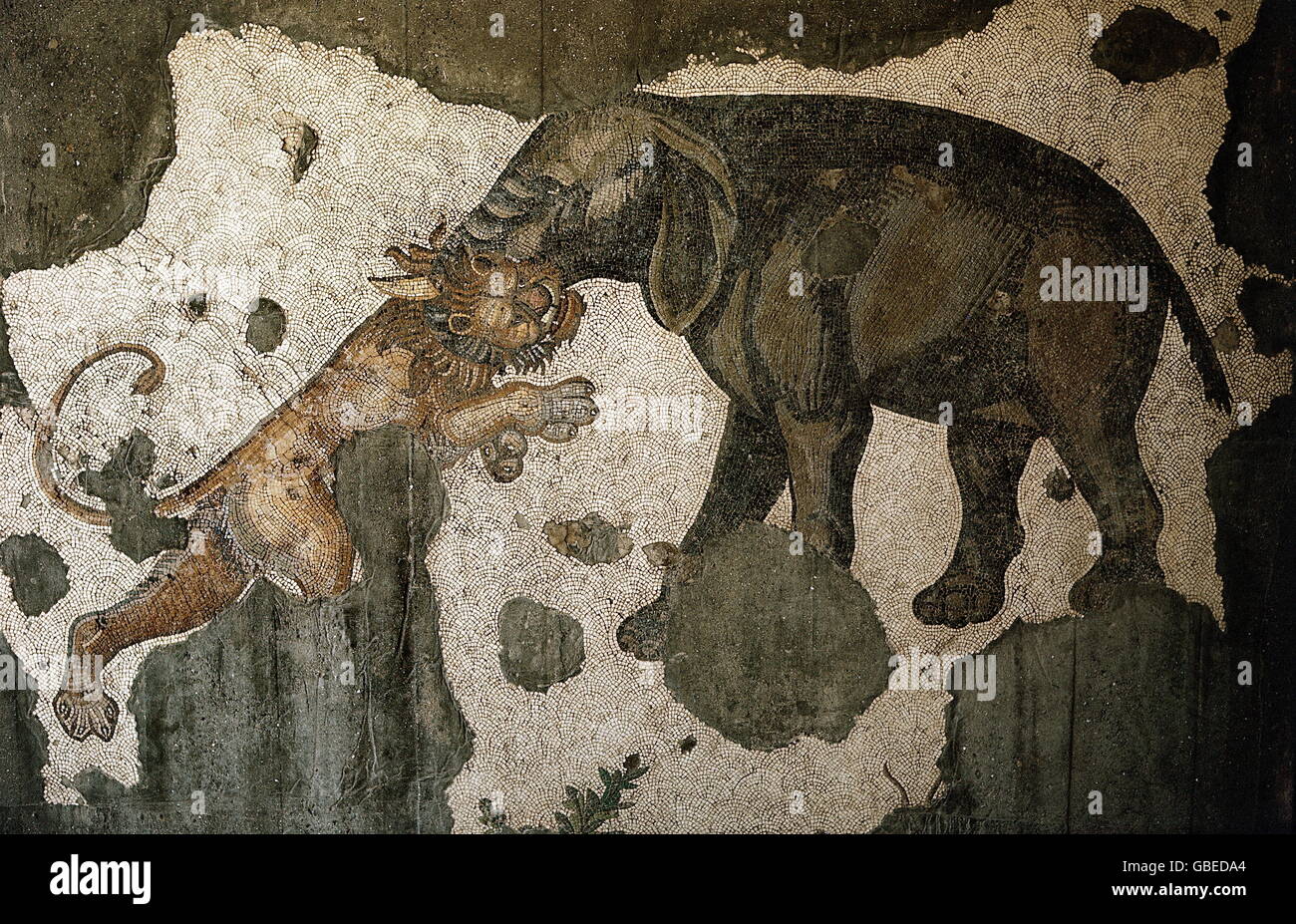 fine arts, epochs, Roman Empire, mosaic "fighting lion and elephant ...
