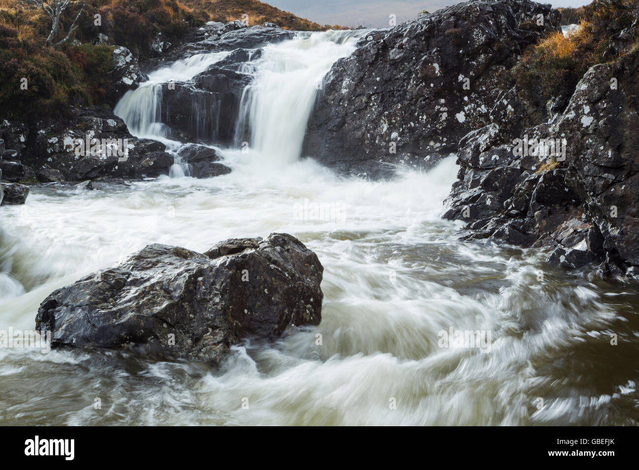 River Sligachan in spate due to heavy rain flows below the Cuillin ...