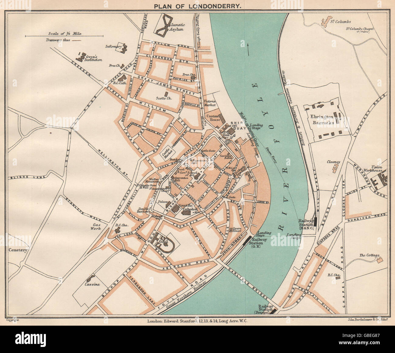 LONDONDERRY: Town plan. Ulster. Ireland. STANFORD, 1908 antique map ...