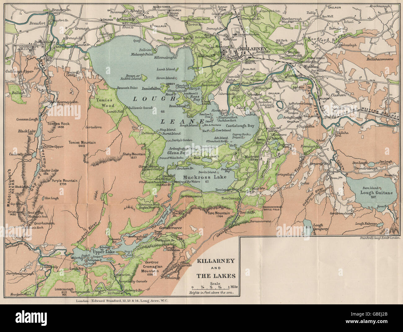 KILLARNEY AND THE LAKES: Lough Leane. Ireland. STANFORD, 1908 antique ...