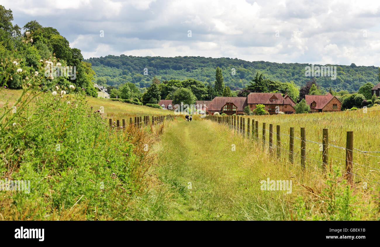 A footpath between fenced fields in the Chiltern Hills near Marlow in ...