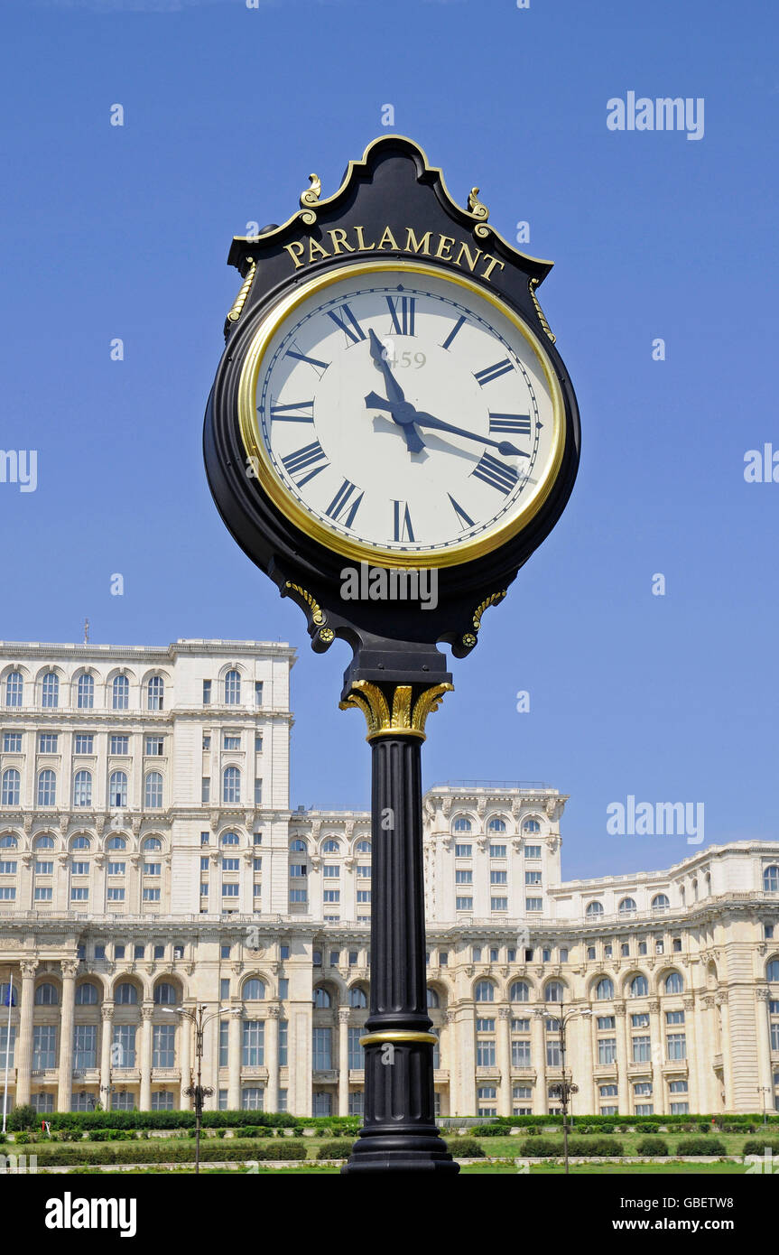 street clock, Palace of the Parliament, Bucharest, Romania Stock Photo ...