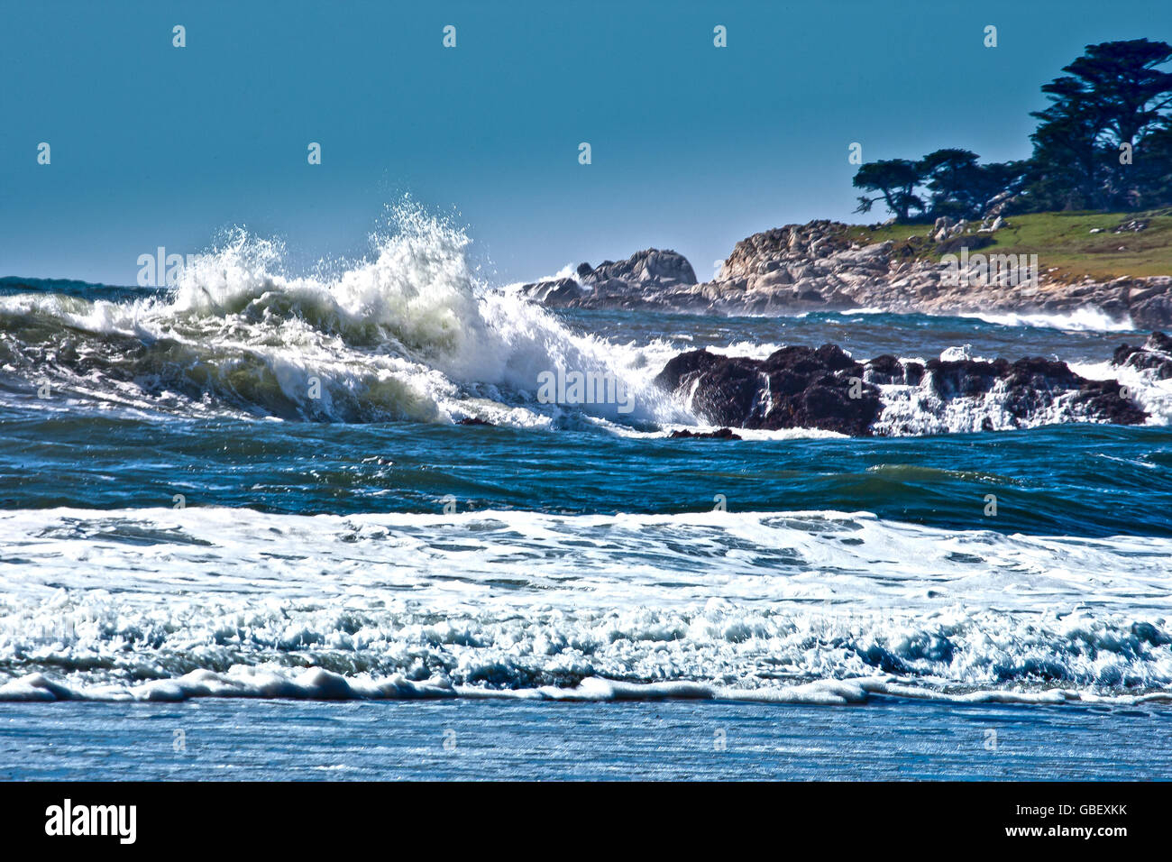 Big Pacific waves crash off Pebble Beach golf links, California, USA ...