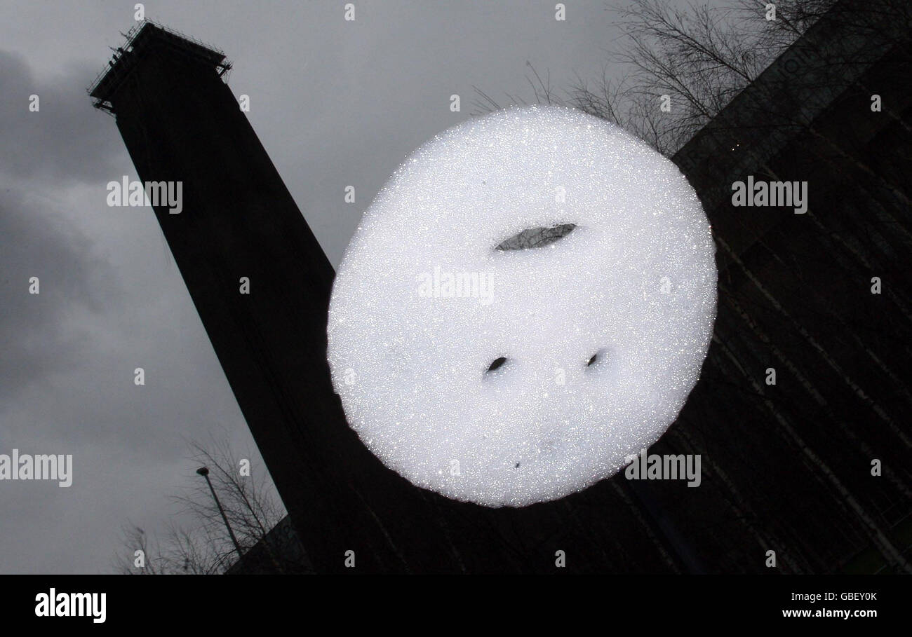 An art installation of smiley faces made of helium, soap and vegetable ...