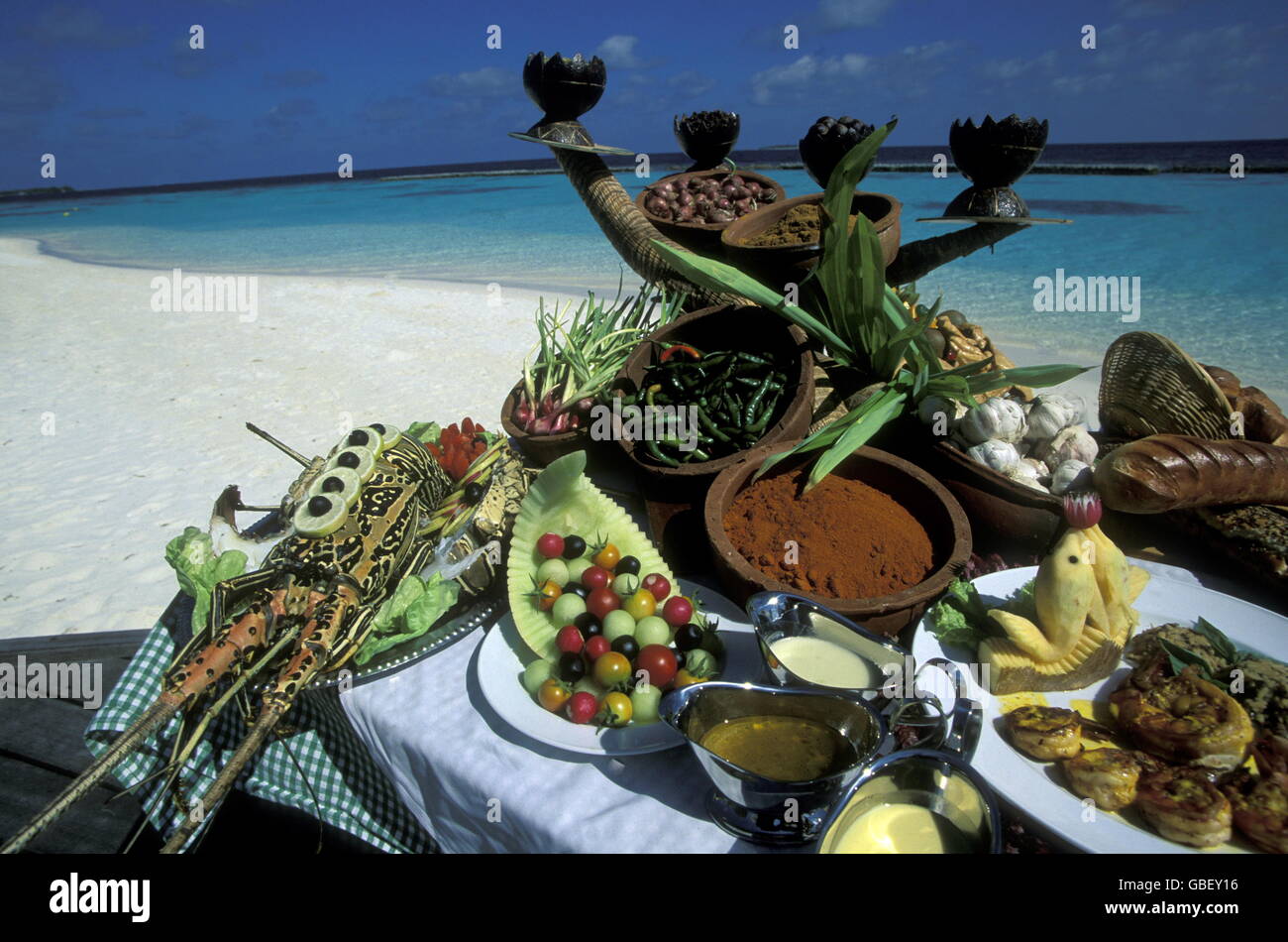 food in a restaurant on a island and atoll of the Maldives Islands in ...