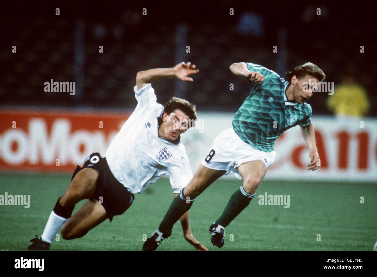 West Germany's Thomas Hassler (r) gets away from England's Peter ...
