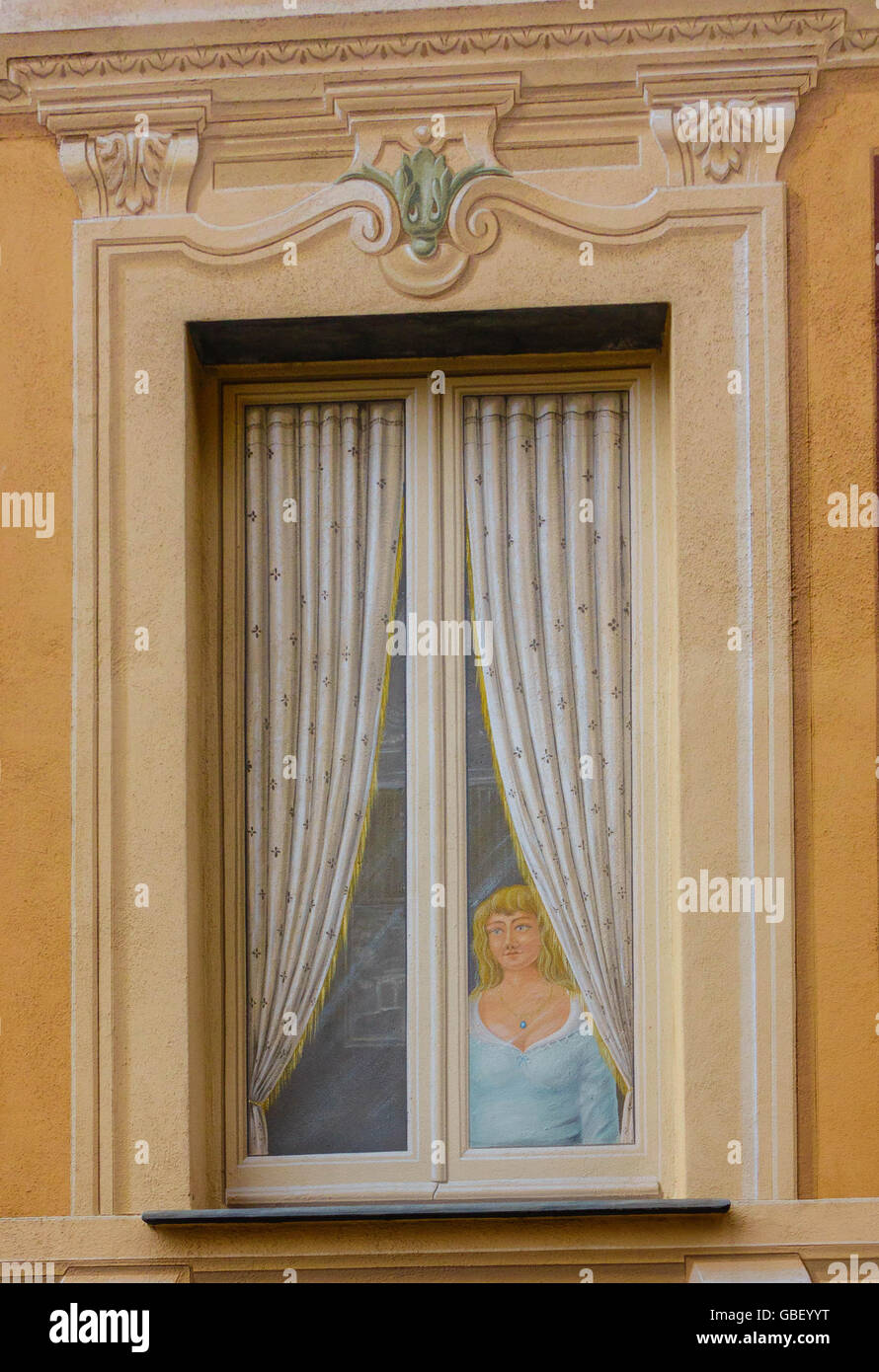 Lady in window a typical Italian house painting Santa Margherita Italy ...