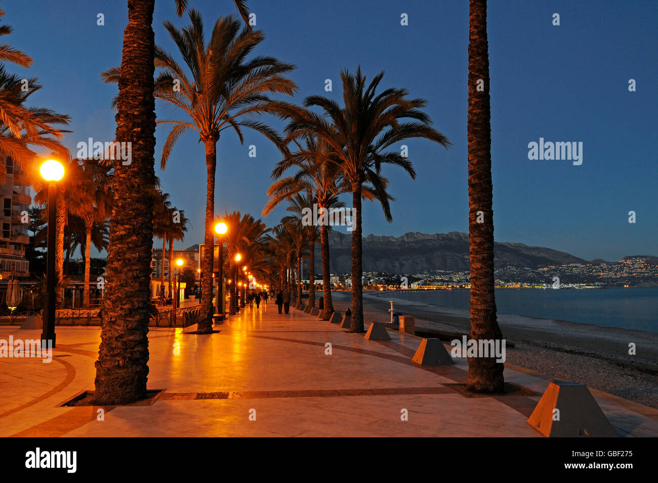 beach promenade, dusk, twilight, Mediterranean Sea, sea, coast, Albir ...