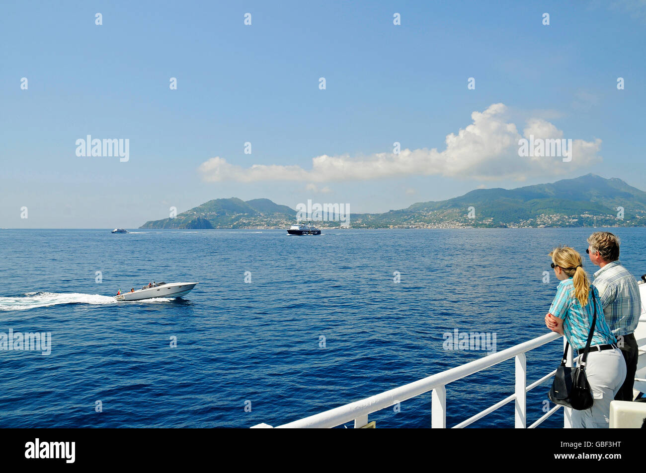 tourists, ferry, boat, Island of Ischia, Gulf of Naples, Campania ...