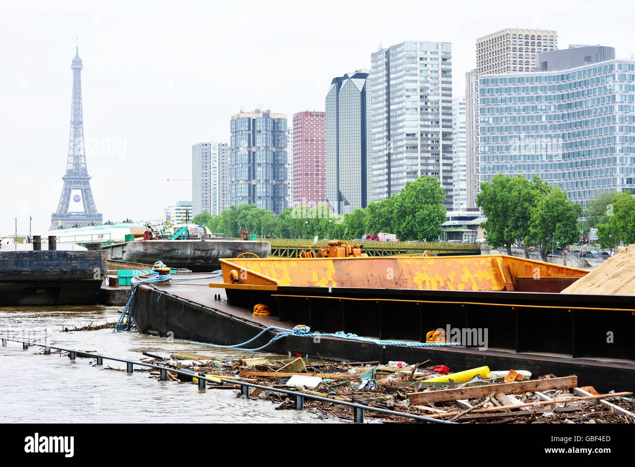 Flooding of Paris in 2016 with street under water, barges on the Seine ...