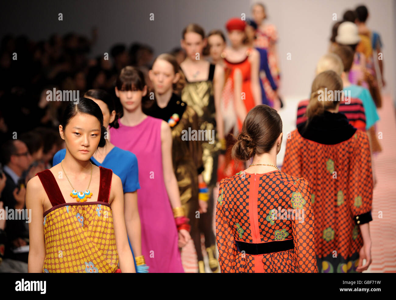 Models on the catwalk during the Eley Kishimoto fashion show during ...
