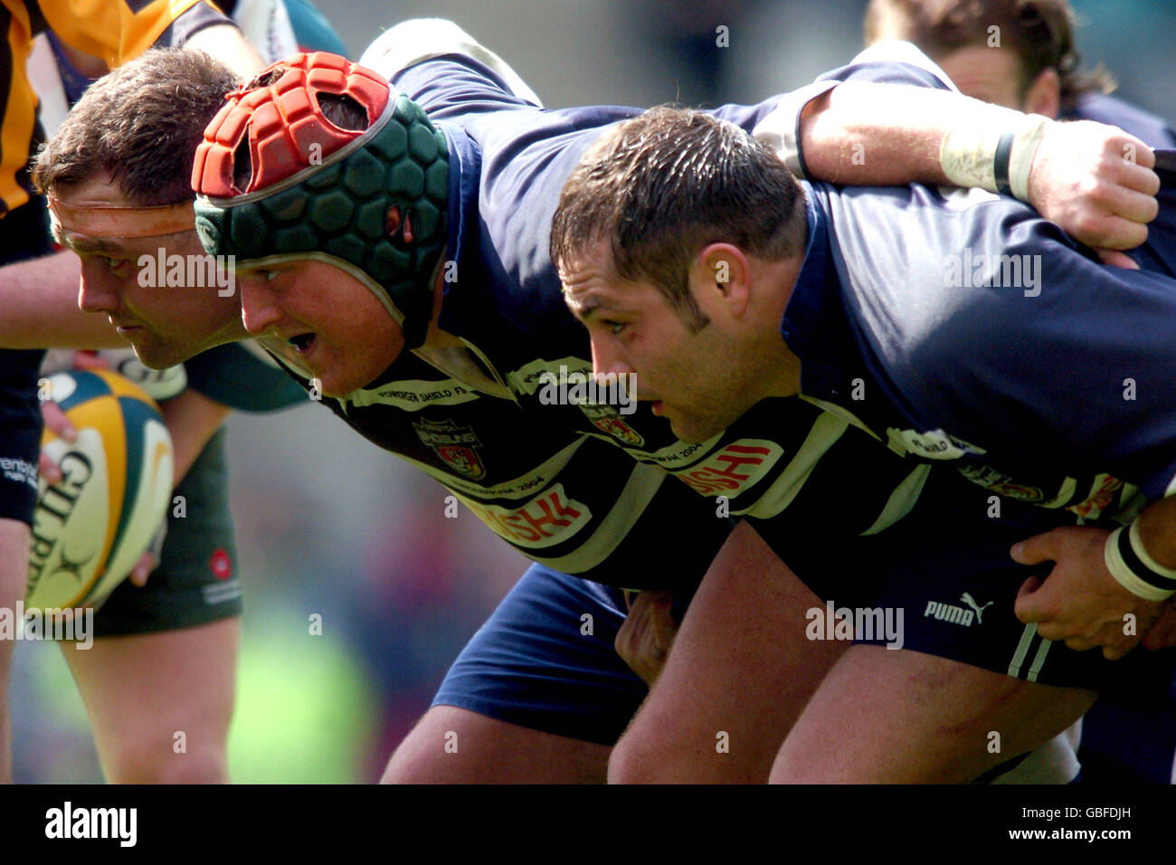 (l-r) Bristol Shoguns' Dave Hilton, Saul Nelson and Alex Clarke form a ...