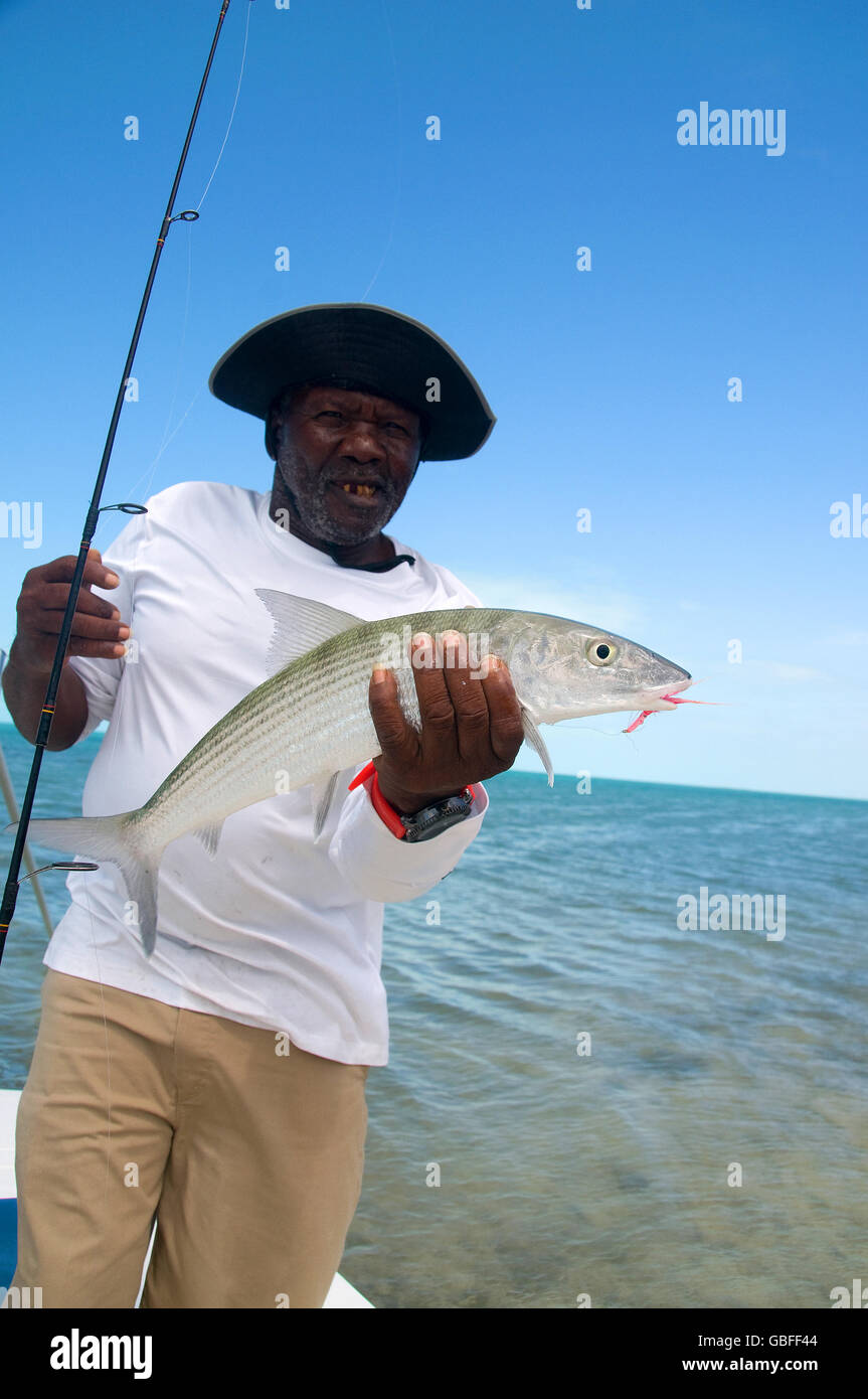 A guide lifts a healthy bonefish prior to release in the Turks & Caicos ...
