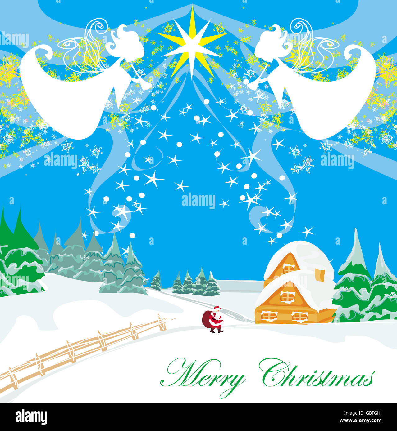 Winter landscape with angels and Santa Stock Photo - Alamy