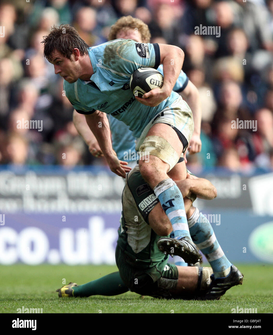 London irishs richard thorpe tackles leicester tigers louis deacon hi ...
