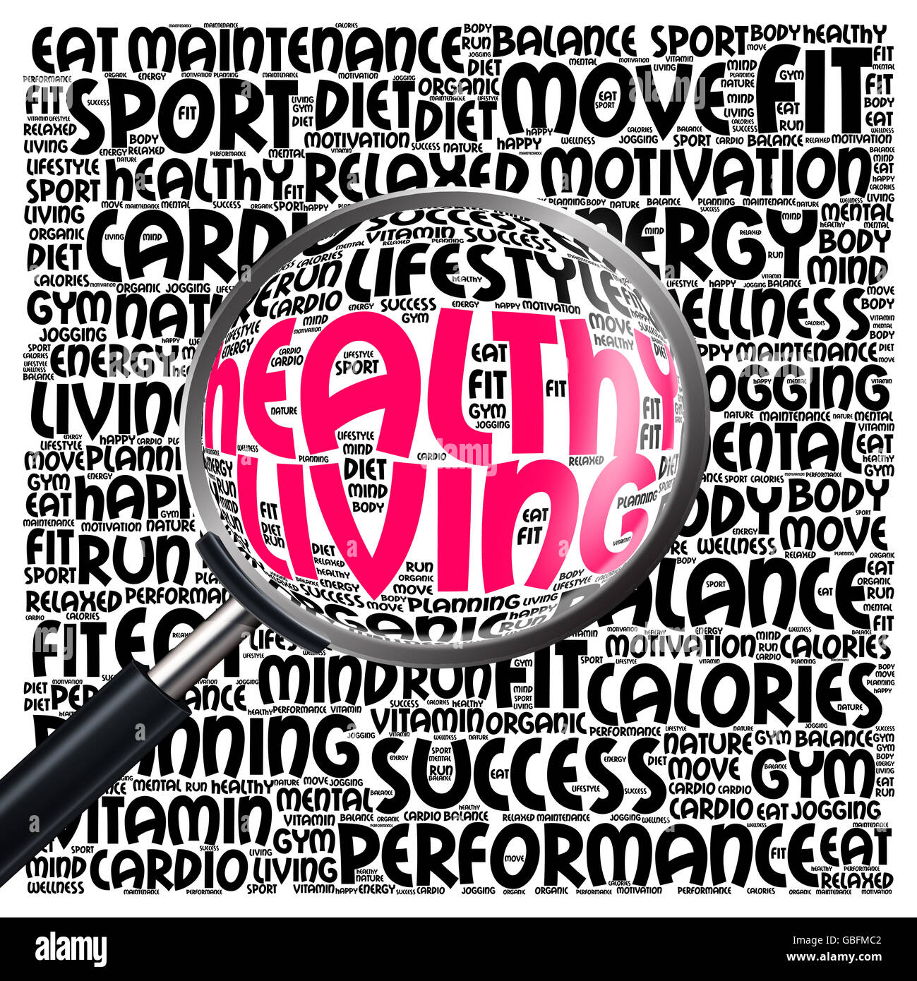 Healthy living word cloud concept with magnifying glass Stock Photo - Alamy