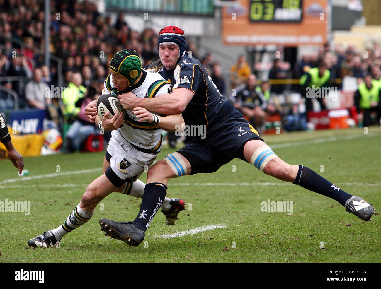 Worcester Warriors' Will Bowley tackles Northampton Saints' Bruce ...