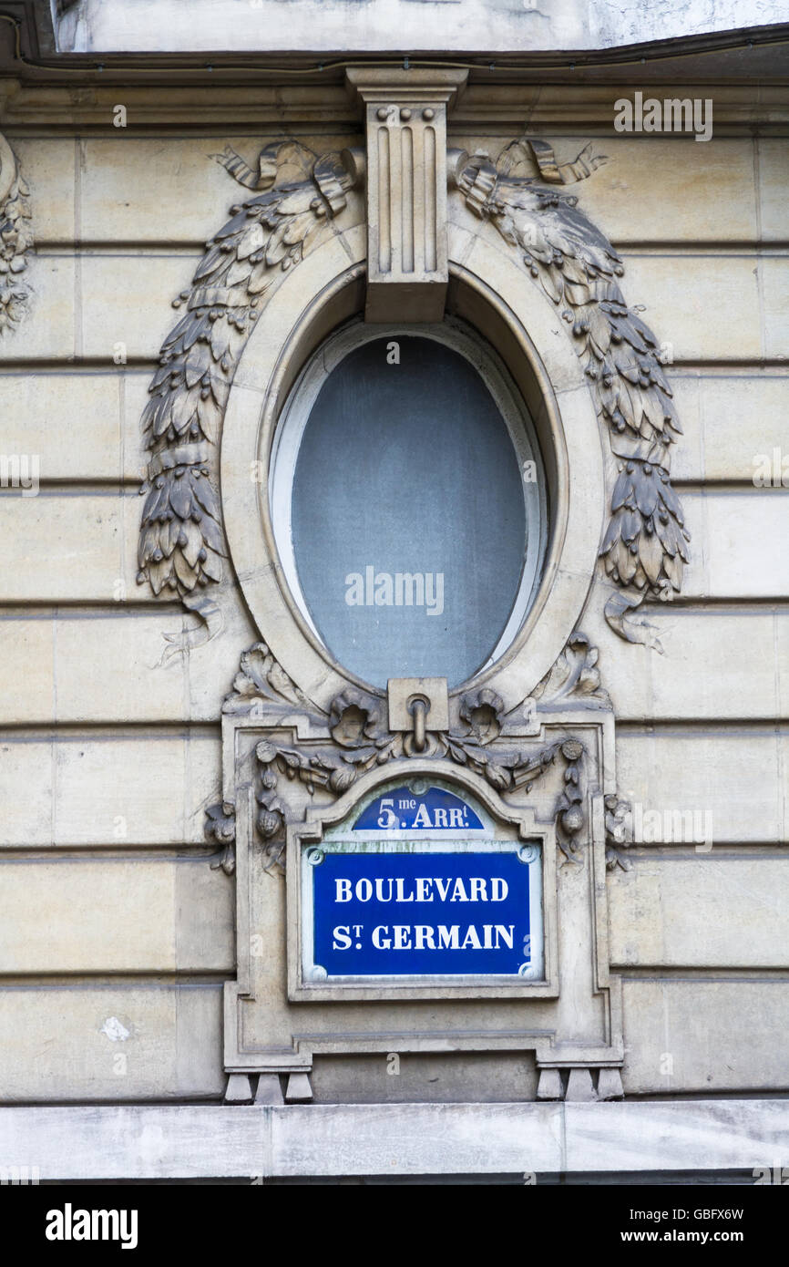 Sign for Boulevard Snt Germain. Road sign on wall, Paris, France Stock ...