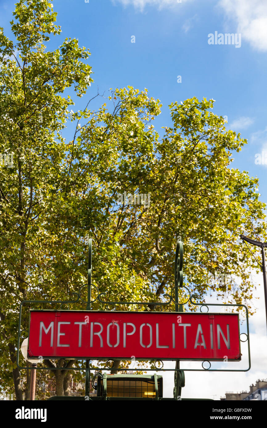 Metropolitan sign at entrance to Paris Underground. Space at top ...