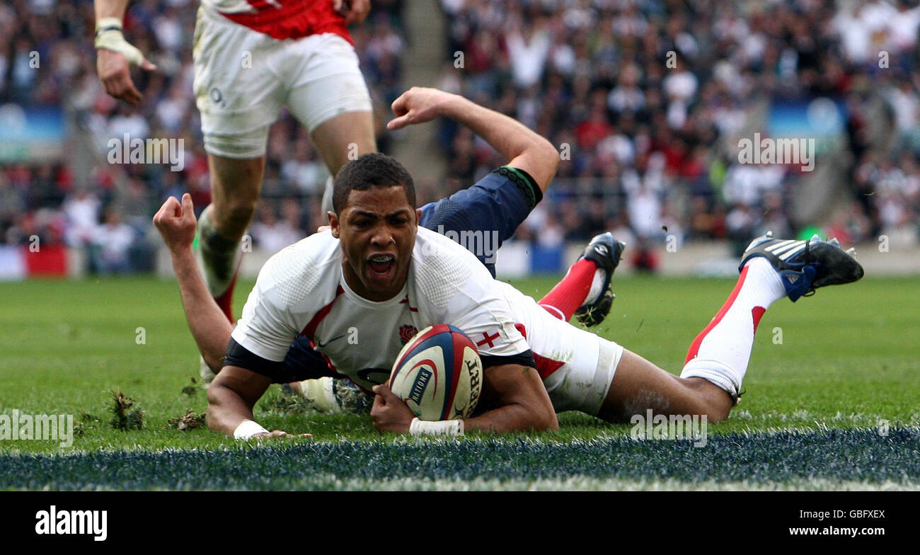 England's Delon Armitage scores England's third try during the RBS 6 ...