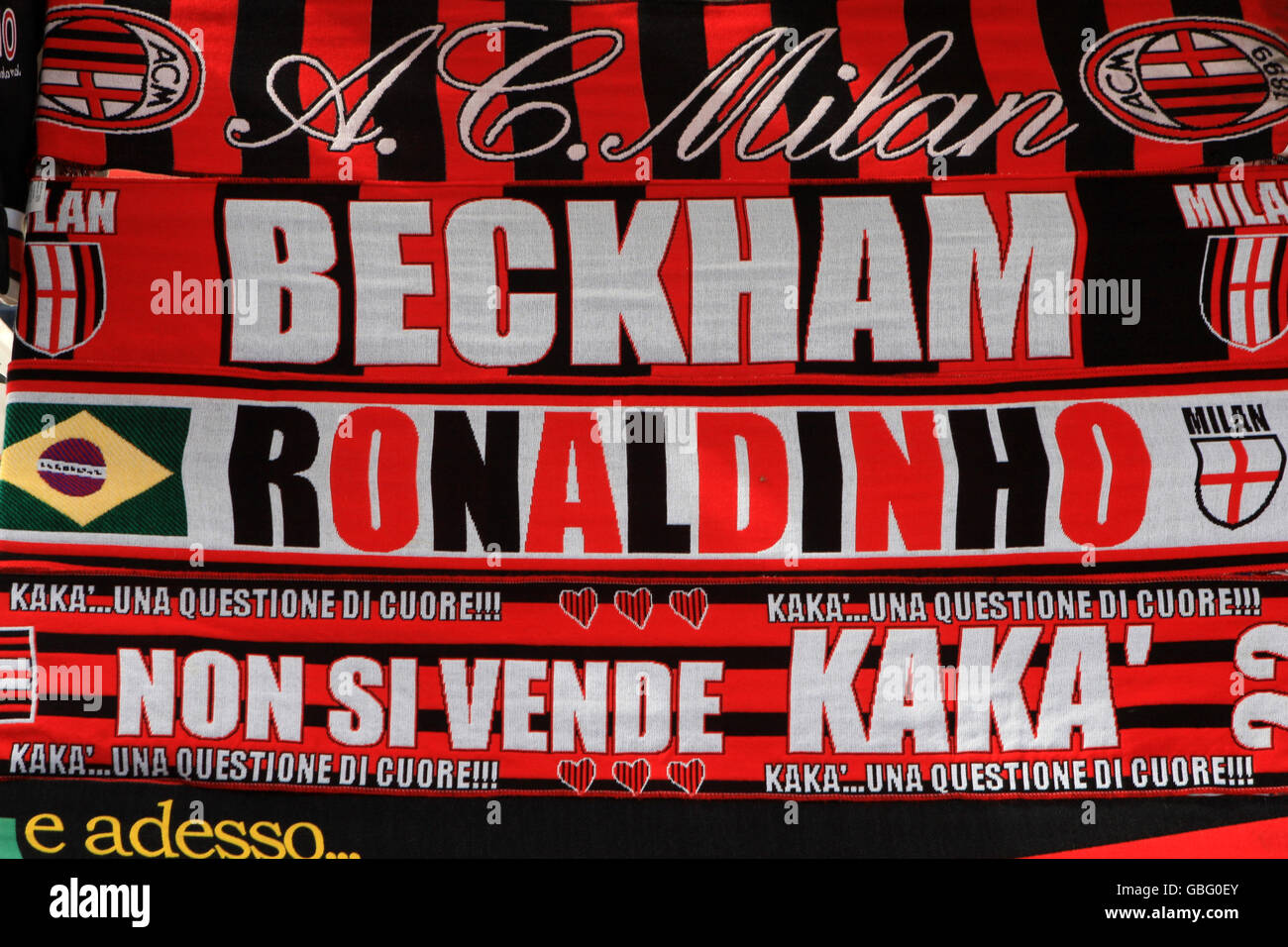 A David Beckham scarf hangs proudly among AC Milan memorabilia outside ...