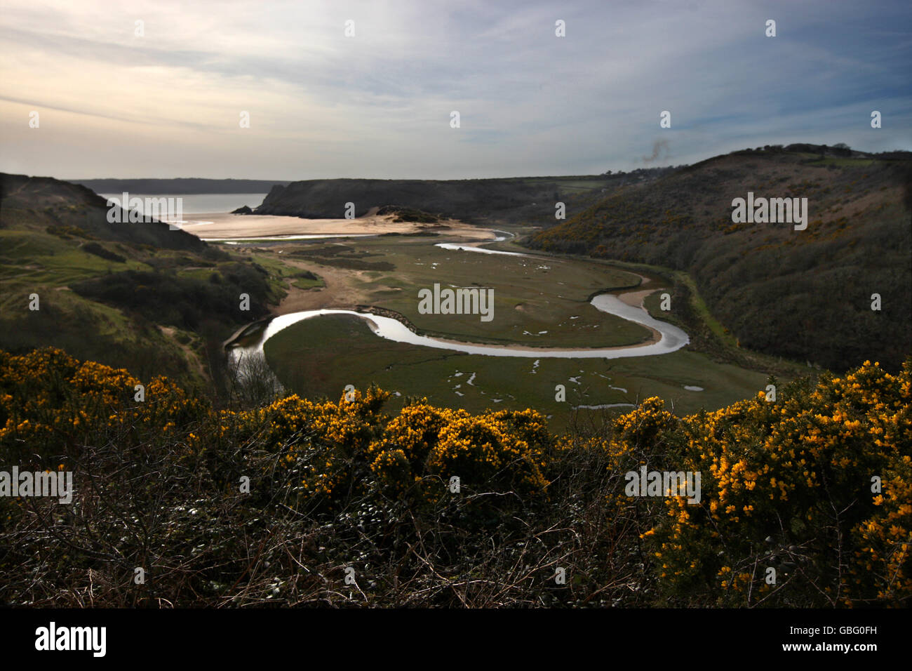 A general view of three Cliffs bay from Pennard Castle, Gower Coast ...