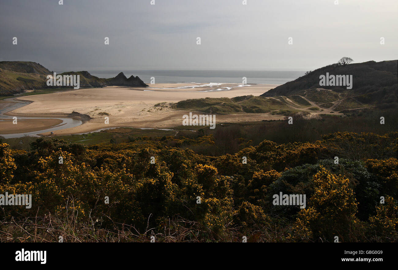 A general view of three Cliffs bay from Pennard Castle, Gower Coast ...