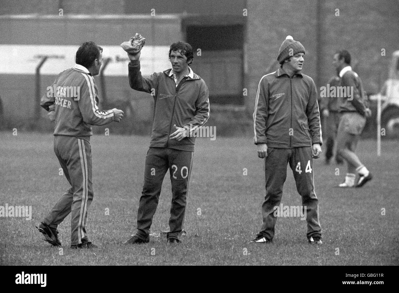 Leeds United captain Billy Bremner (r) during training with coach Les ...