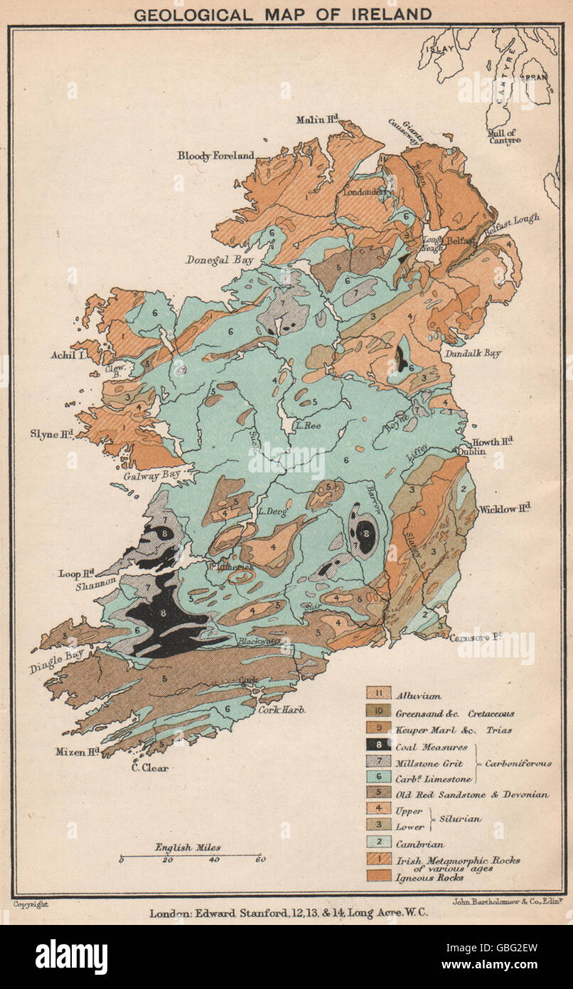 IRELAND: Geological map of Ireland. STANFORD, 1908 Stock Photo - Alamy
