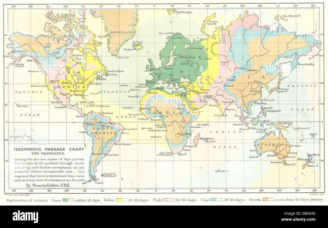 WORLD: Isochronic travel map showing days travel from London. Galton ...