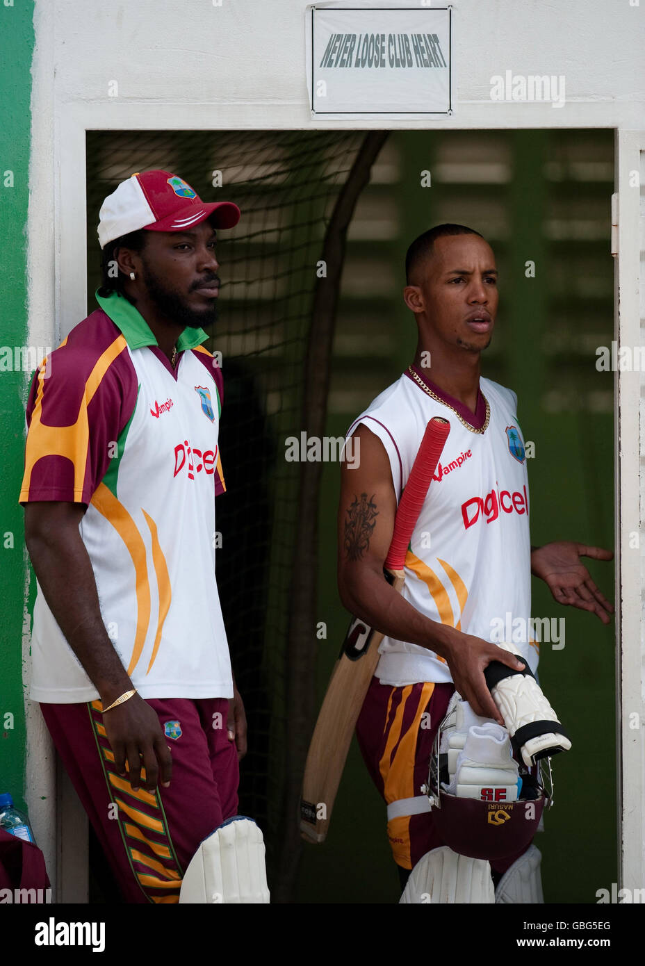 West Indian captain Chris Gayle (left) with Lendl Simmons during a nets ...