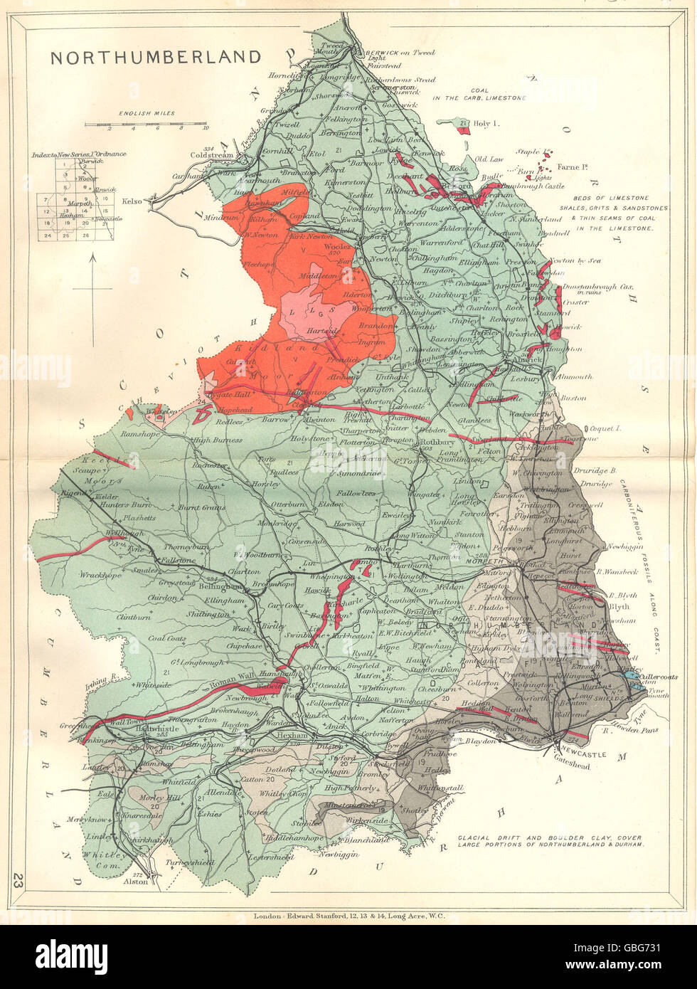 NORTHUMBERLAND: Geological map. STANFORD, 1880 Stock Photo - Alamy