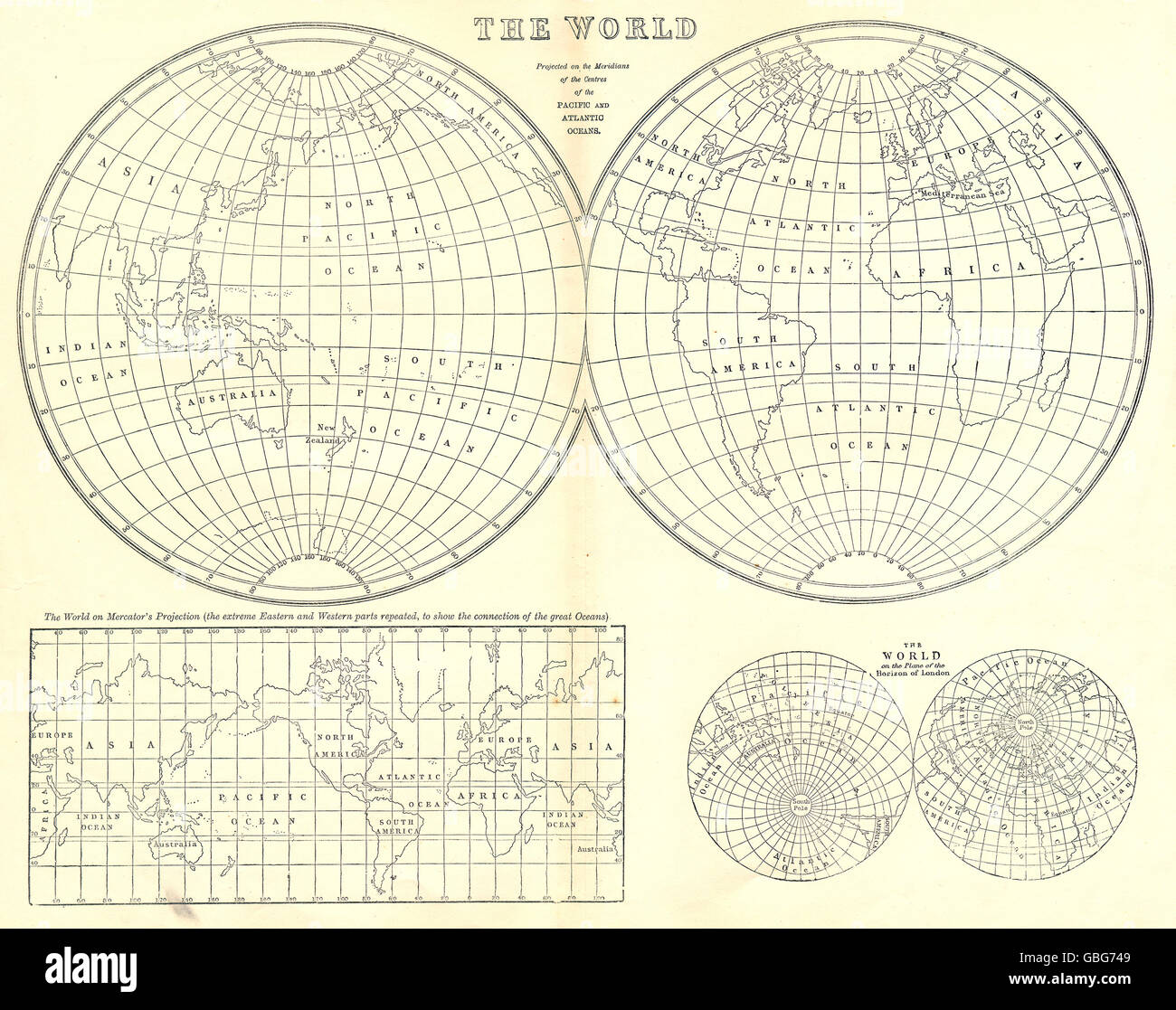 WORLD: Pacific Atlantic hemispheres. Mercator. Plane of London. BUTLER ...