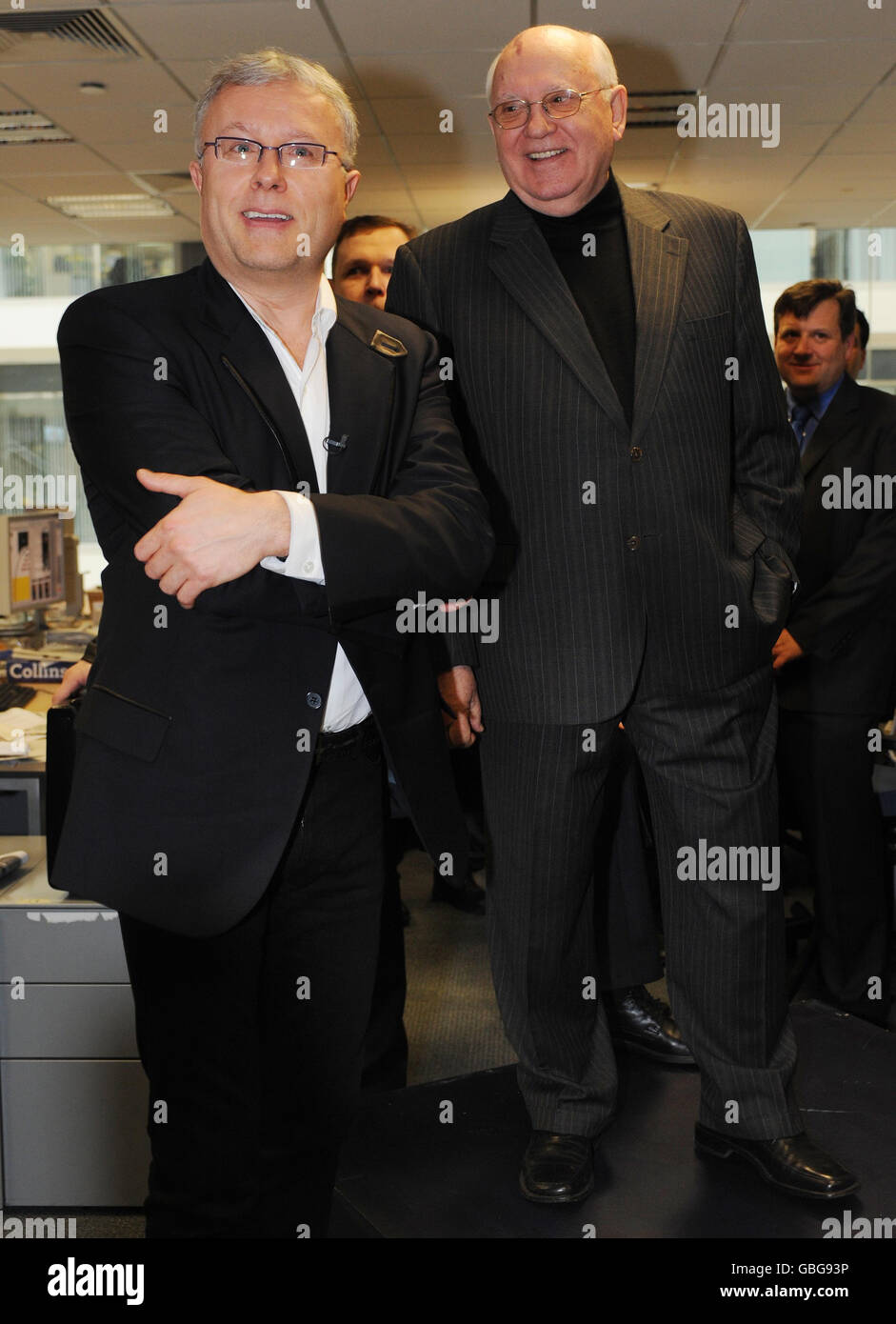 Former Soviet leader Mikhail Gorbachev (right) addresses staff at the ...