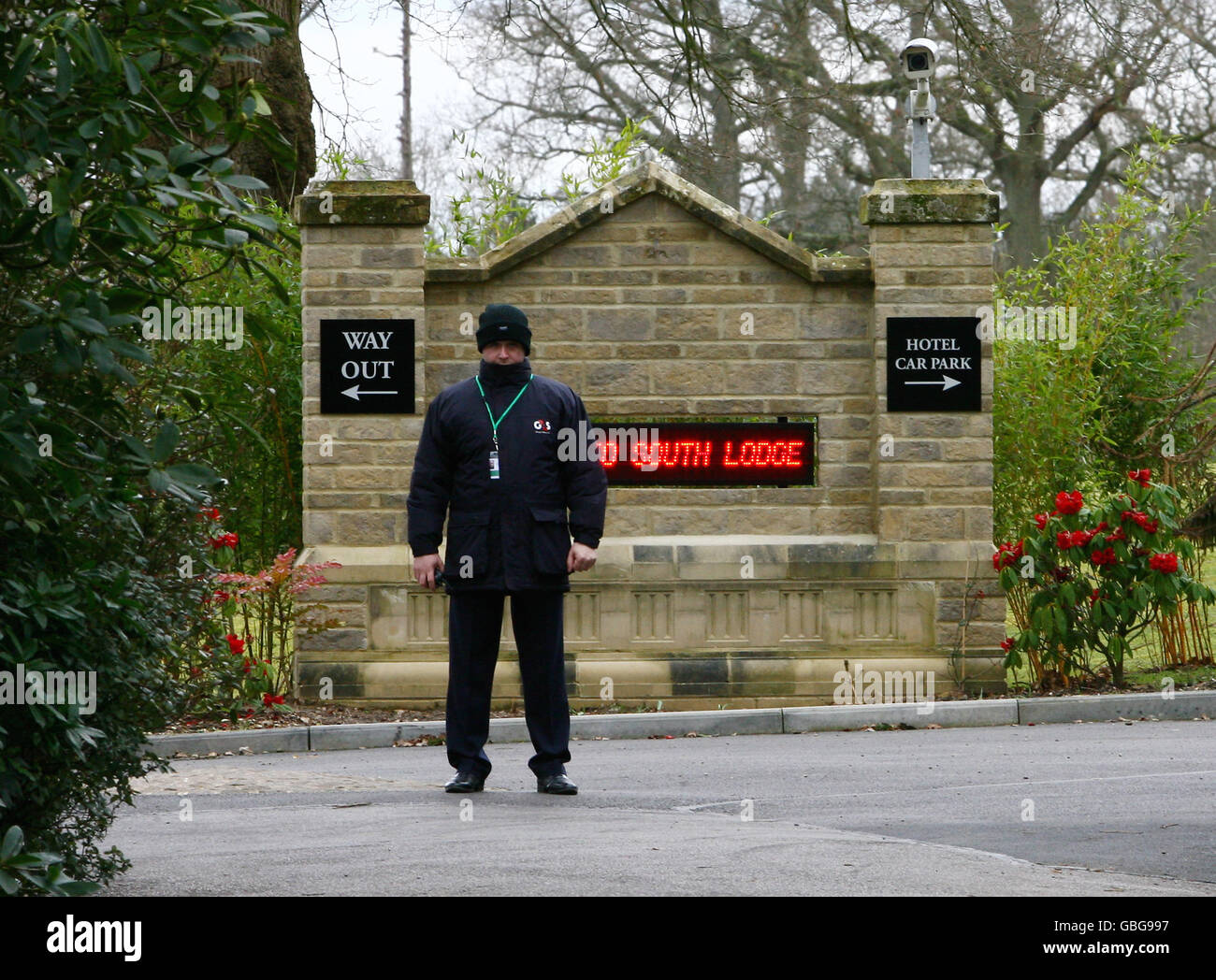 A security guard at the main entrance of the South Lodge Hotel, near ...