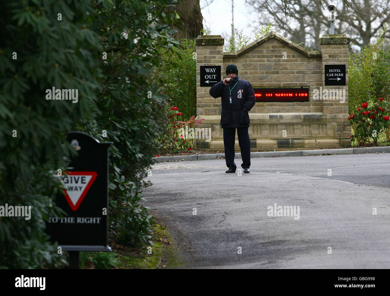 A security guard at the main entrance of the South Lodge Hotel, near ...
