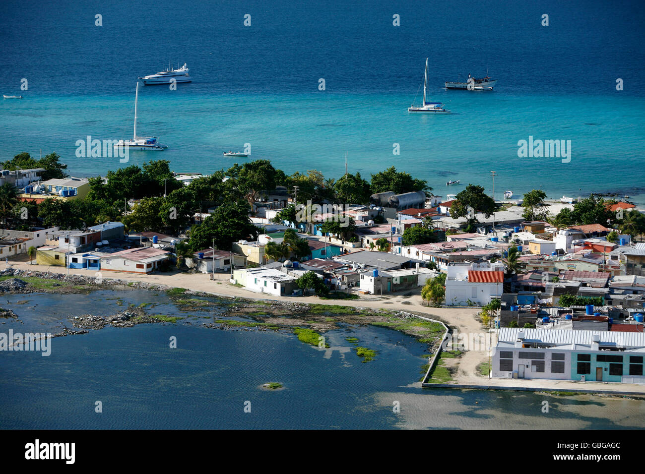 the village on the Gran Roque Island at the Los Roques Islands in the ...