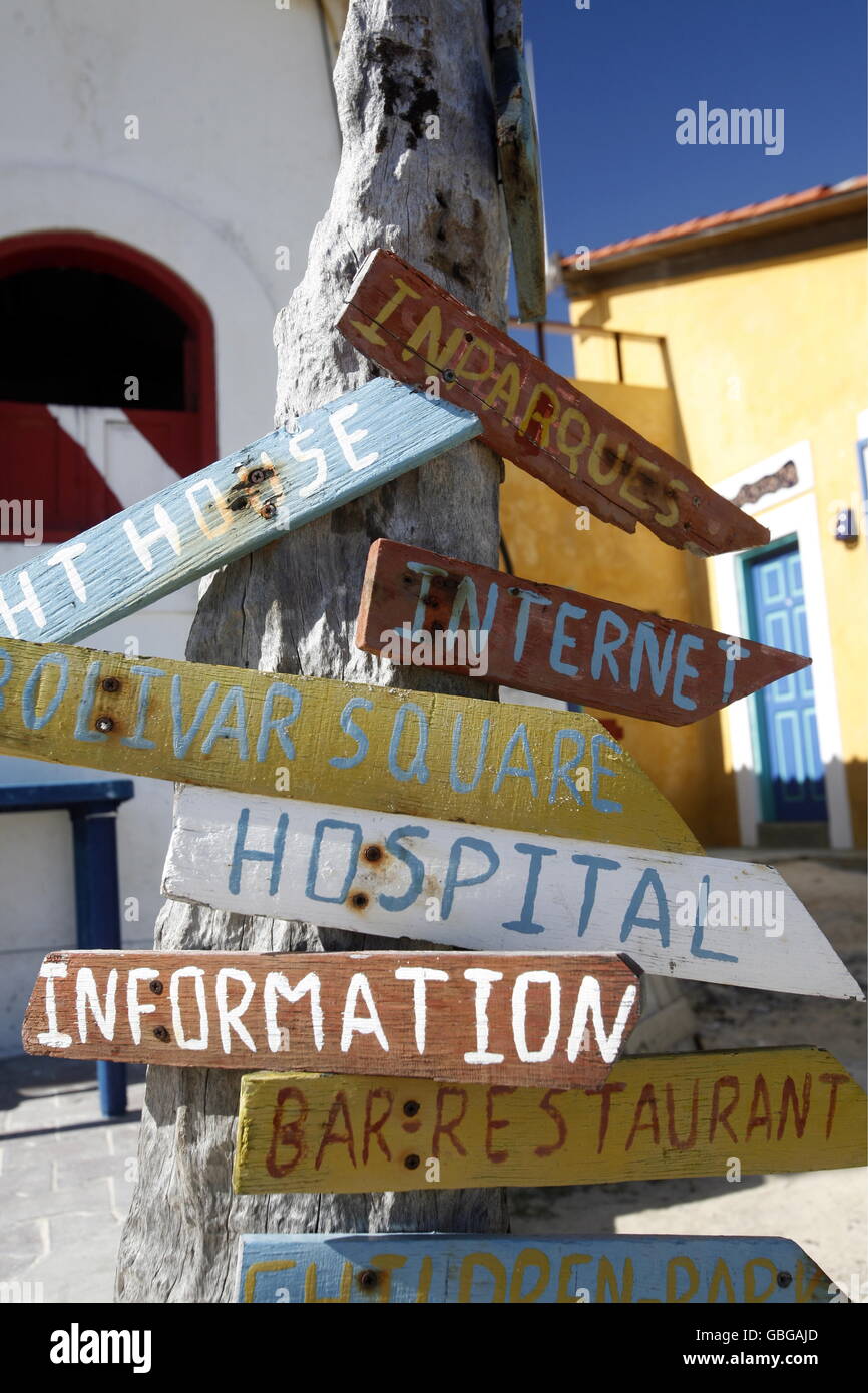 signs in the village on the Gran Roque Island at the Los Roques Islands ...