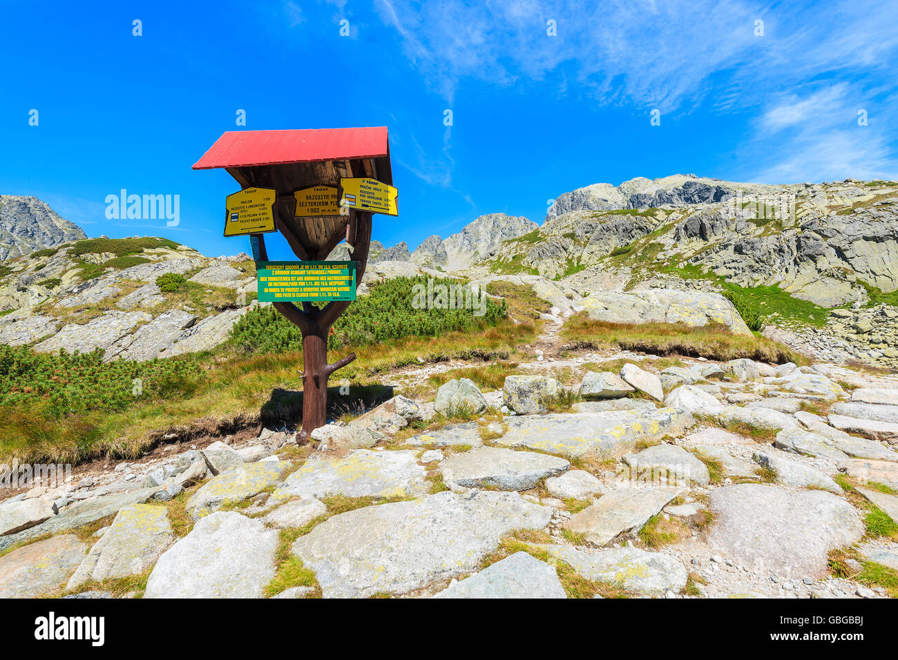 Sign with walk time distances on hiking trail in Starolesna valley ...