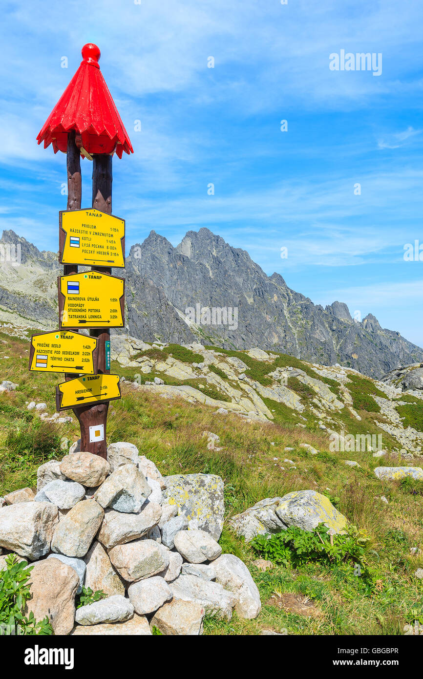 Sign with walk time distances and directions on mountain trail in ...