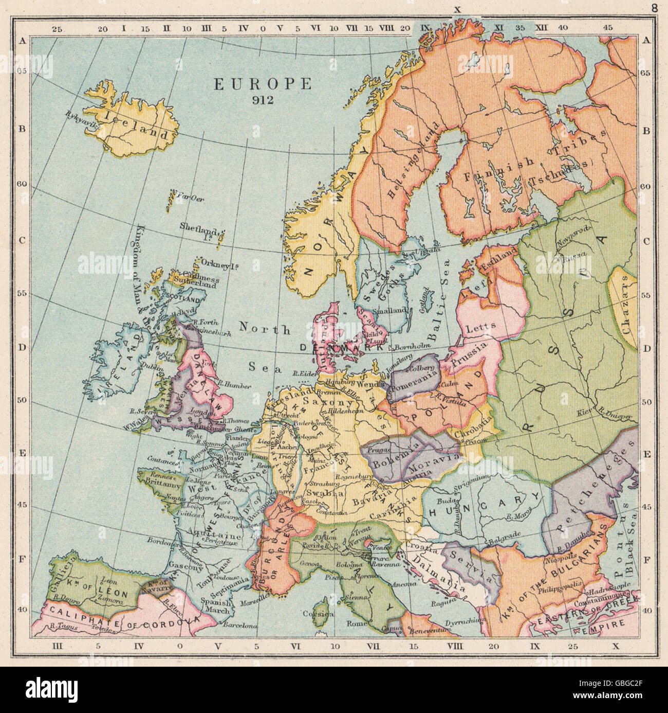 EUROPE IN 912: Danelaw West Franks East Franks Wessex, 1907 antique map ...