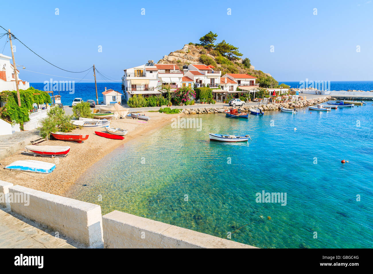 A view of Kokkari fishing village with beautiful beach, Samos island ...
