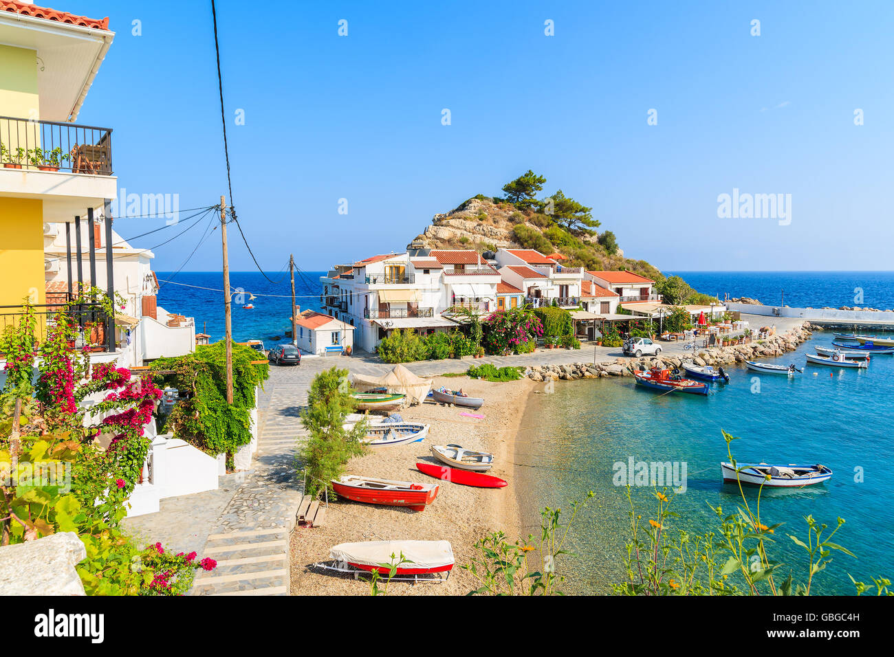 A view of Kokkari fishing village with beautiful beach, Samos island ...