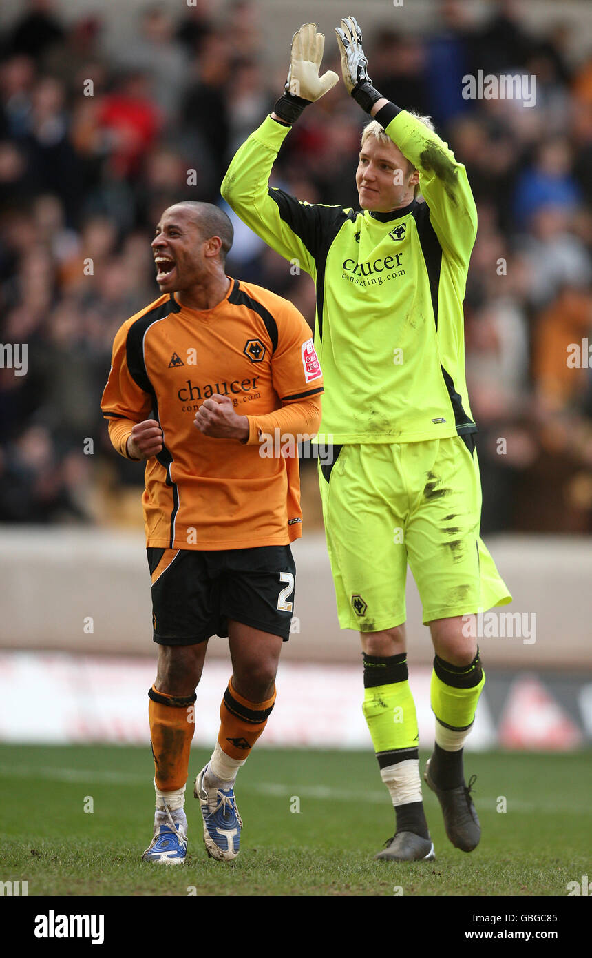 Wolves Matt Hill and Wayne Hennessey celebrate their win at the end of ...
