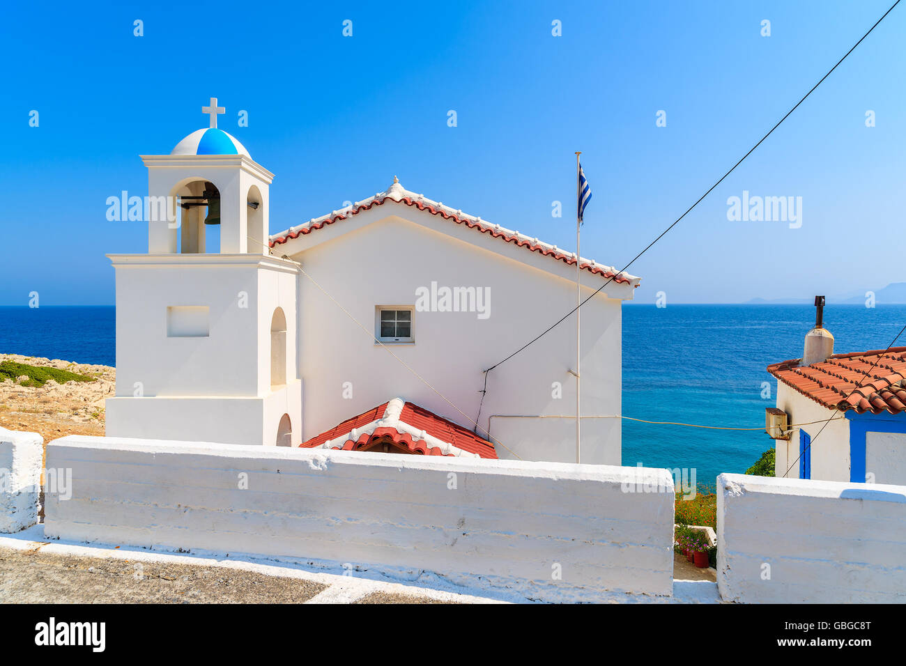 A view of beautiful white Greek church on island of Samos, Greece Stock ...