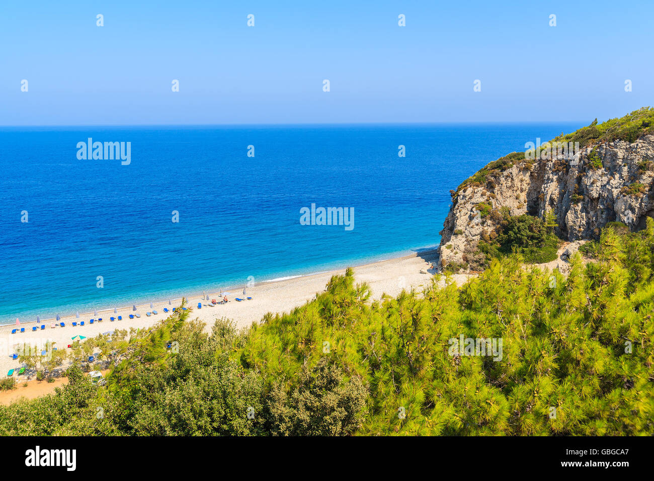 A view of Tsambou beach with azure sea water, Samos island, Greece ...