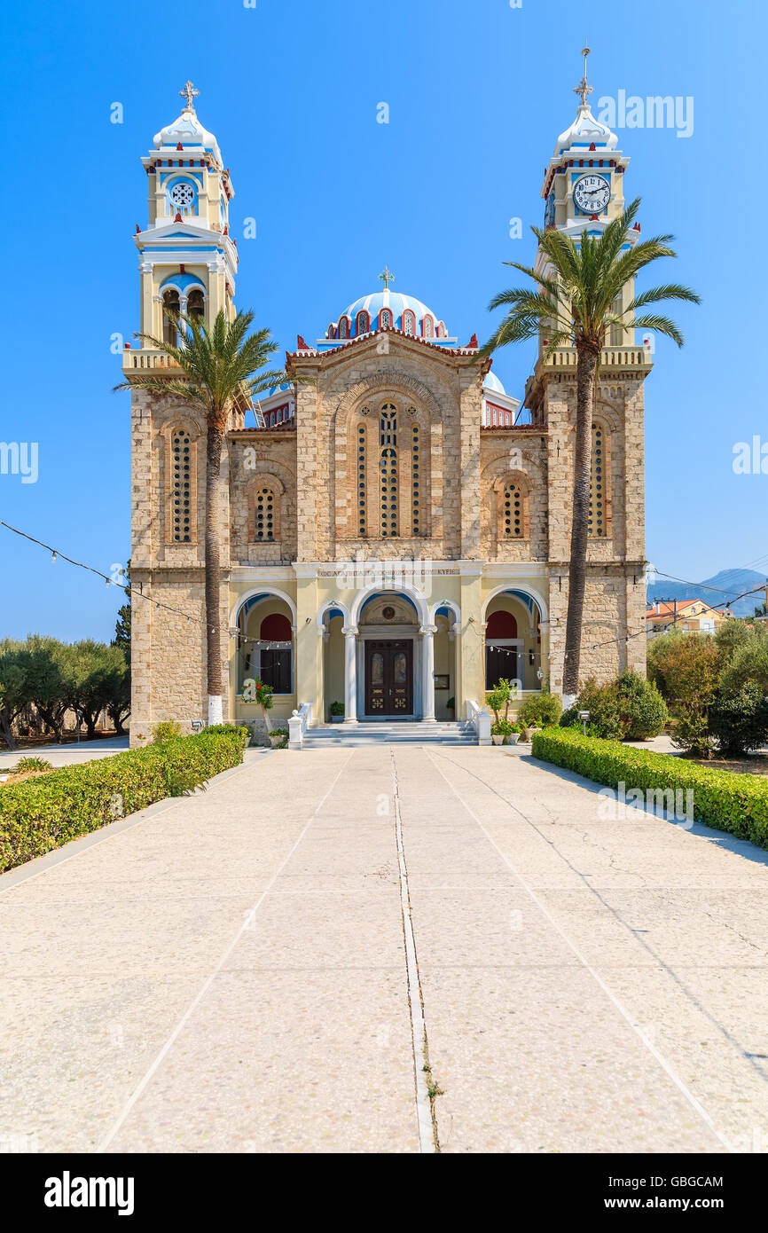 Square with beautiful old church in Karlovasi town, Samos island ...