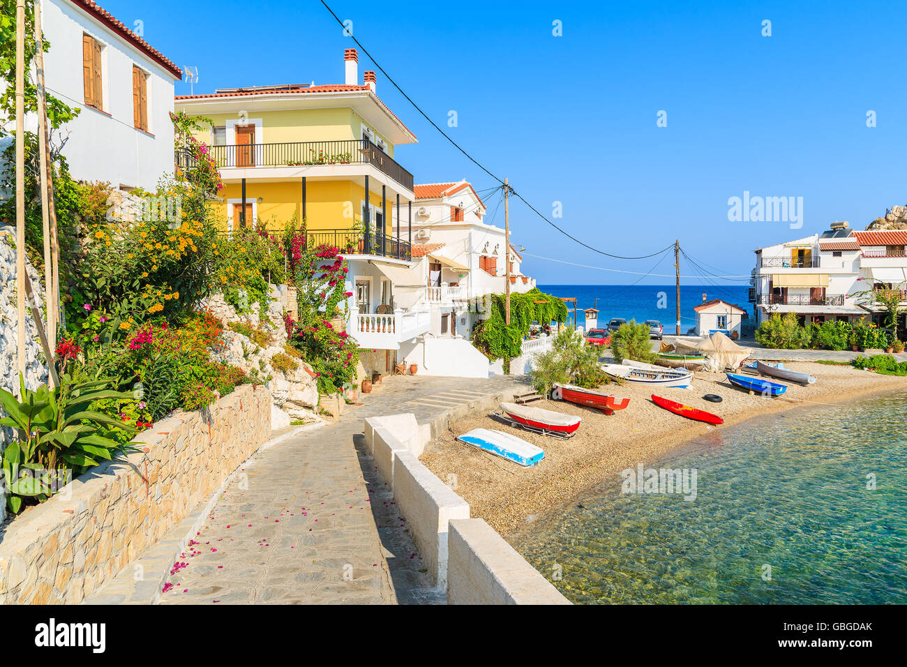 A view of Kokkari fishing village with beautiful beach, Samos island ...