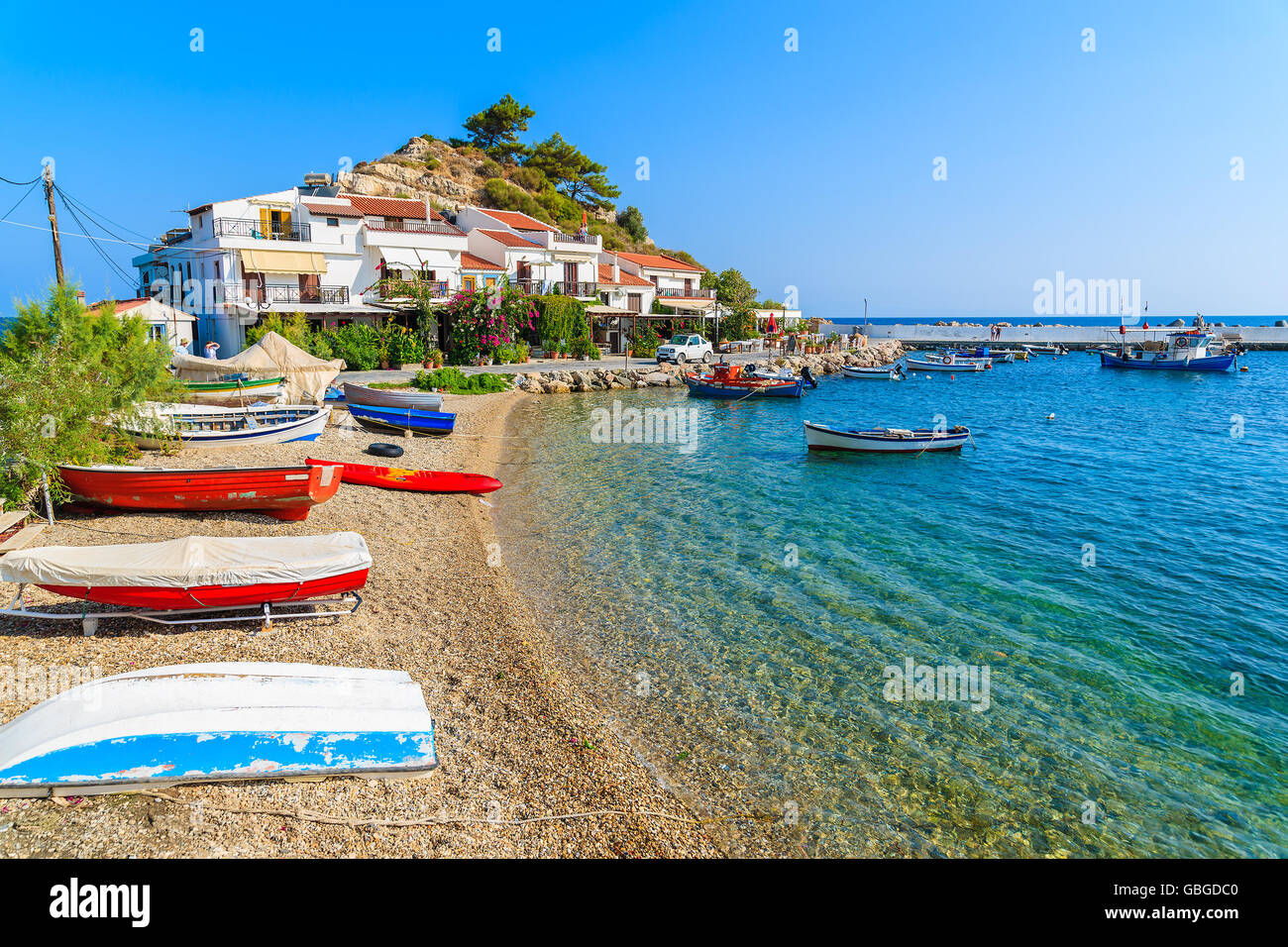 A view of Kokkari fishing village with beautiful beach, Samos island ...